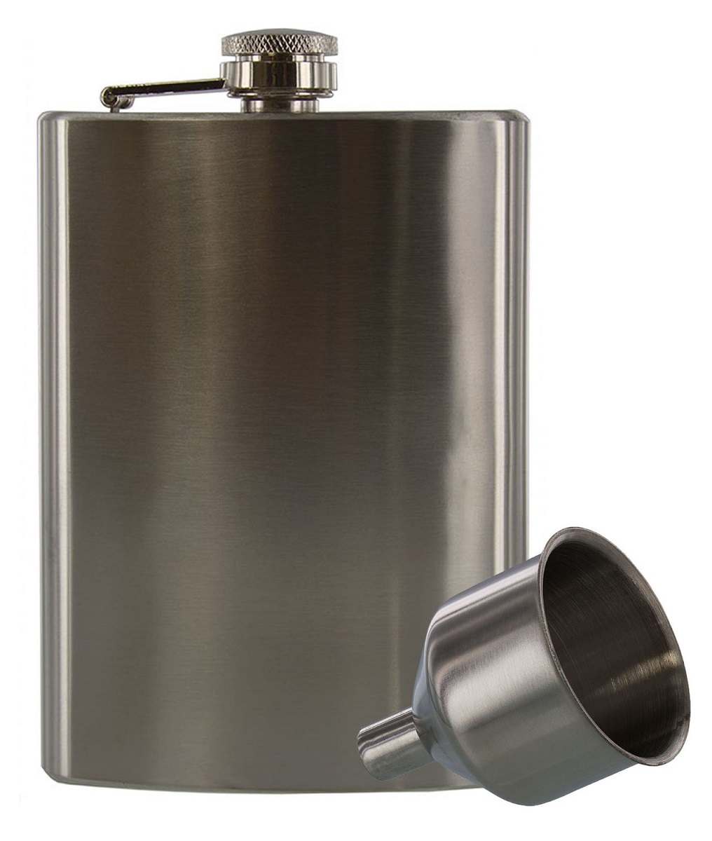 Stainless Steel Flask with Funnel, 8 ounces (Front) - Bachelor On A Budget